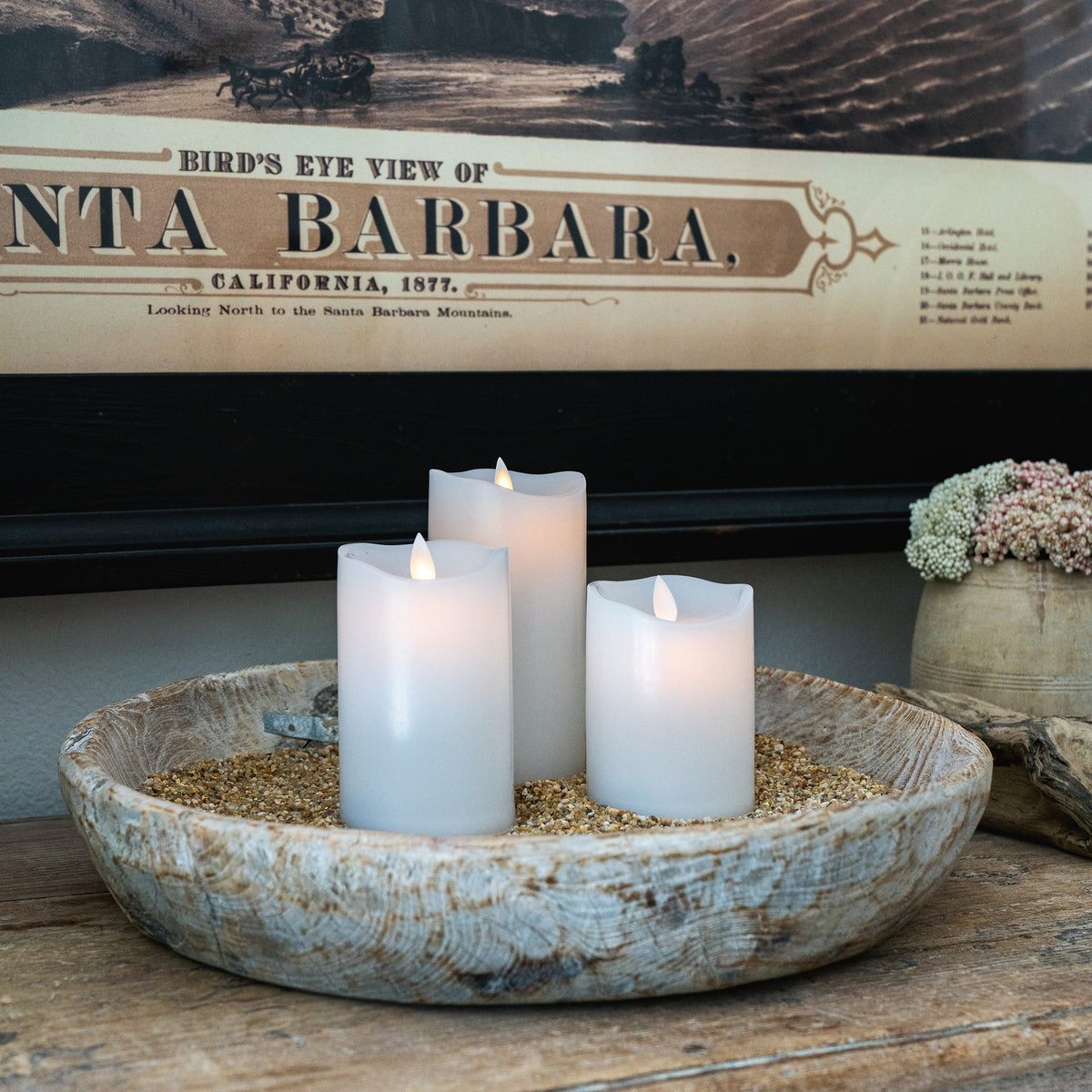 Antique Wooden Dough Bowl and Flameless Candle Set – Sandstone and Sage